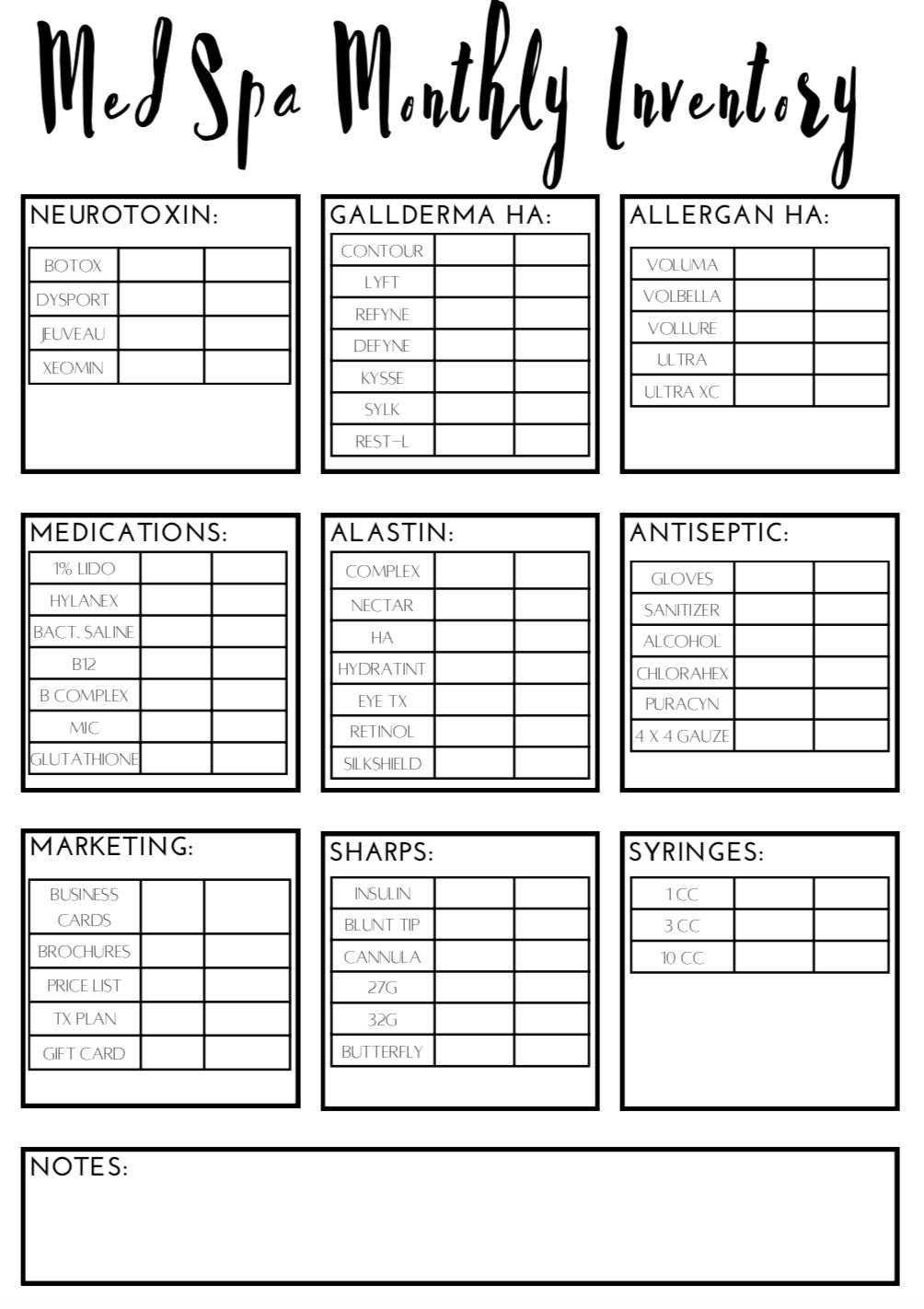 Med Spa Inventory List - Etsy