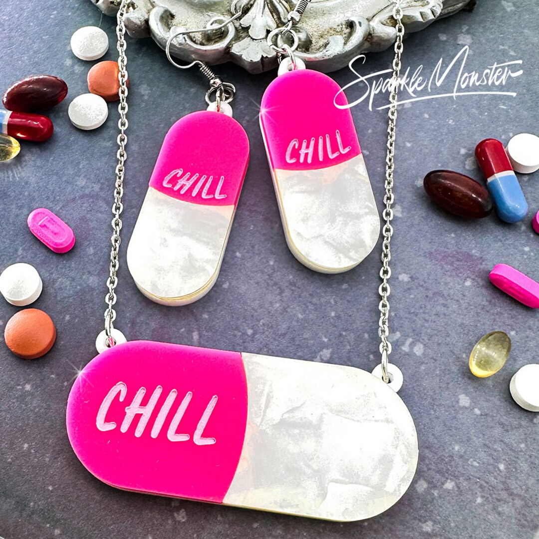 Take a Chill Pill Laser Cut Acrylic, Hot Pink and Pearl White, Jewelry ...