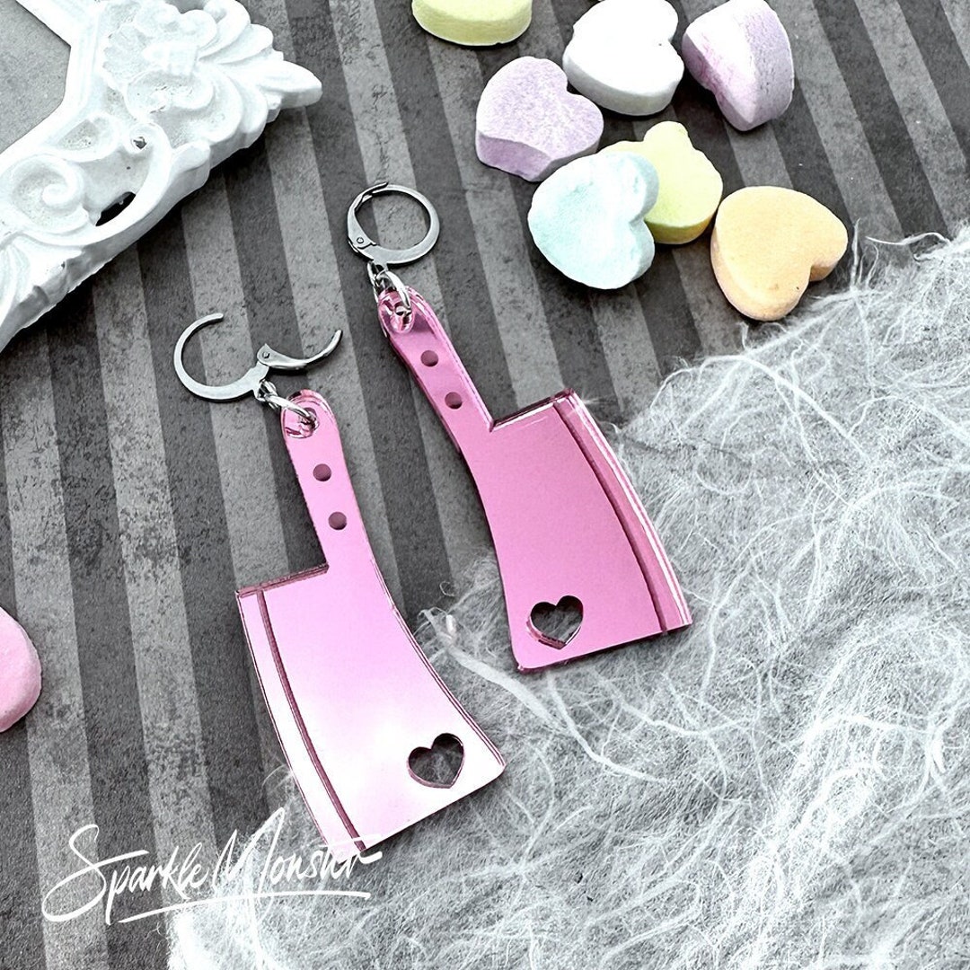 Love Kills, Pink Mirror Laser Cut Acrylic Cleaver Earrings, Huggies ...