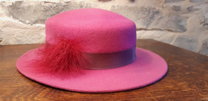 Vintage Ladies Pink Wool Hat With Ribbon Band and Maroon Ostrich ...
