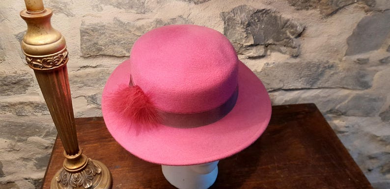 Vintage Ladies Pink Wool Hat With Ribbon Band and Maroon Ostrich ...