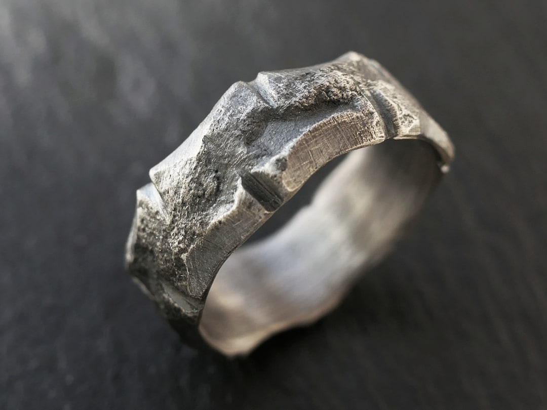 Cool Men's Wedding Band Molten Silver Ring, Unique Mens Wedding Ring ...
