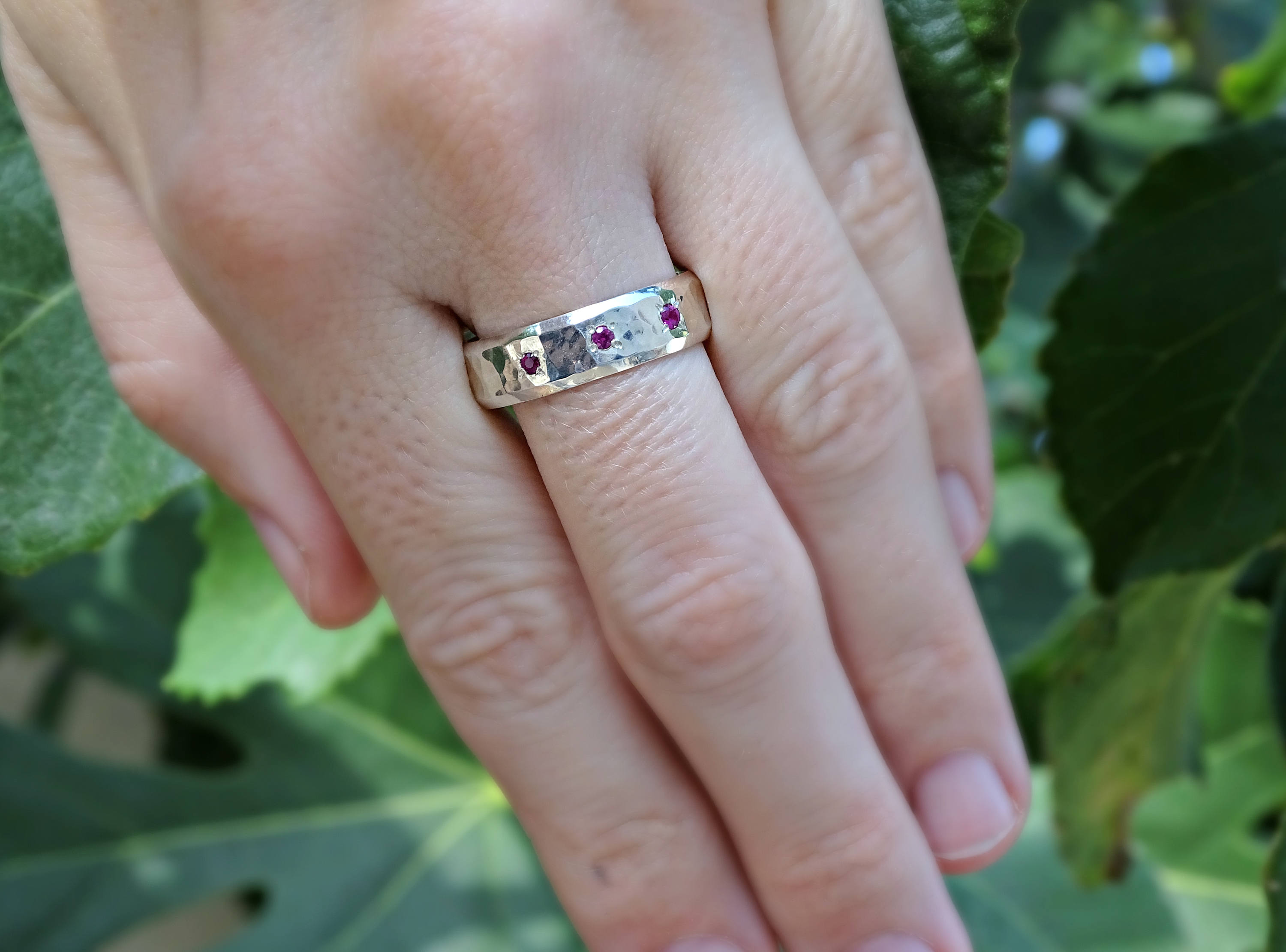 Gemstone wedding band ruby unisex wedding ring hammered mens | Etsy