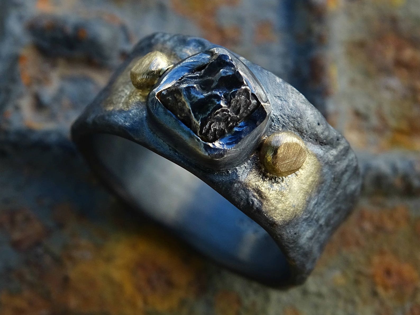 Bold Meteorite Ring Mens Gold Nugget Ring Viking Meteorite - Etsy