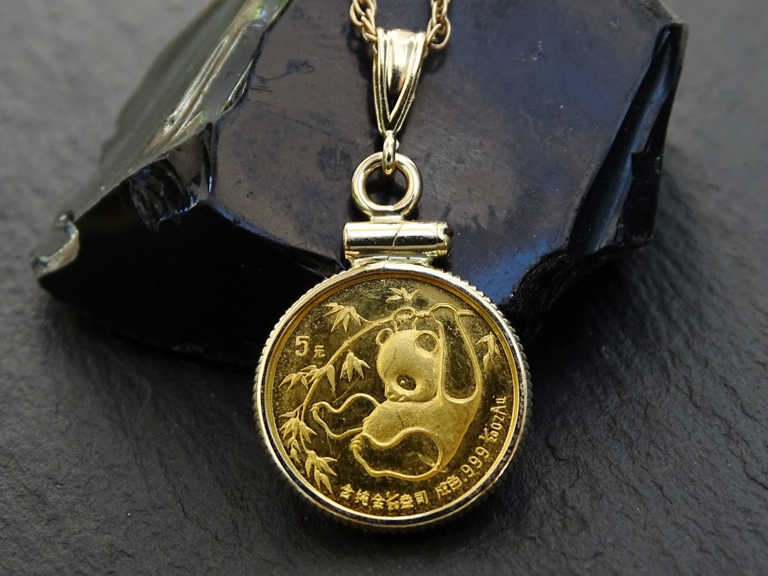 Dainty Chinese Gold Panda Coin Pendant, Small Gold Coin Pendant, 5 Yuan ...
