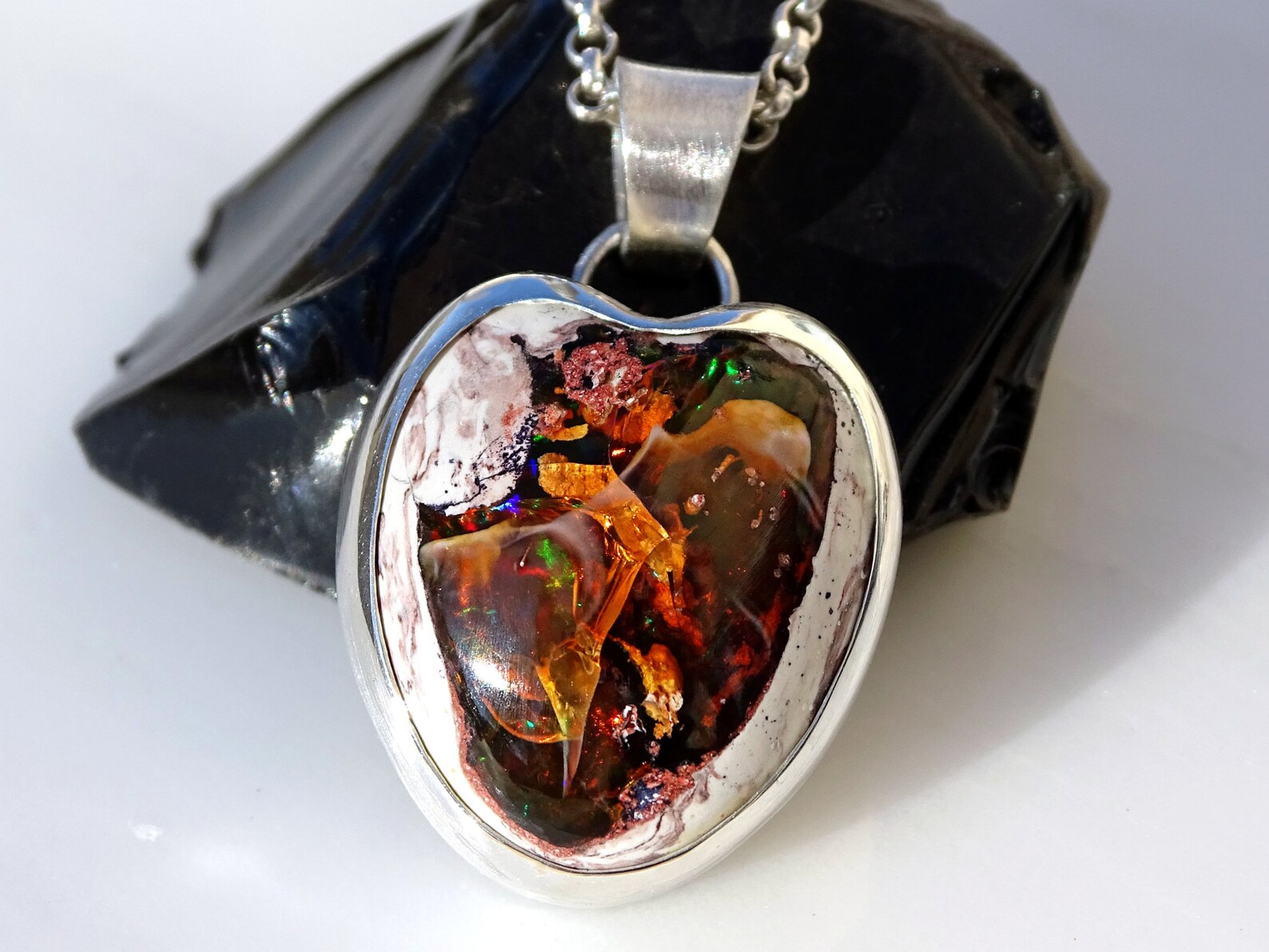 Big Fire Opal Heart Pendant Silver Unique Fire Opal Necklace | Etsy