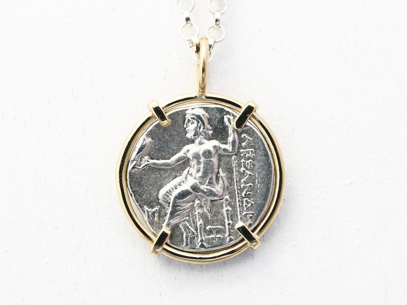 14k Gold Ancient Greek Silver Coin Pendant, Alexander the Great Zeus ...