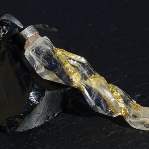 Large Gold Quartz Pendant Black Silver, Viking Quartz Crystal Necklace ...