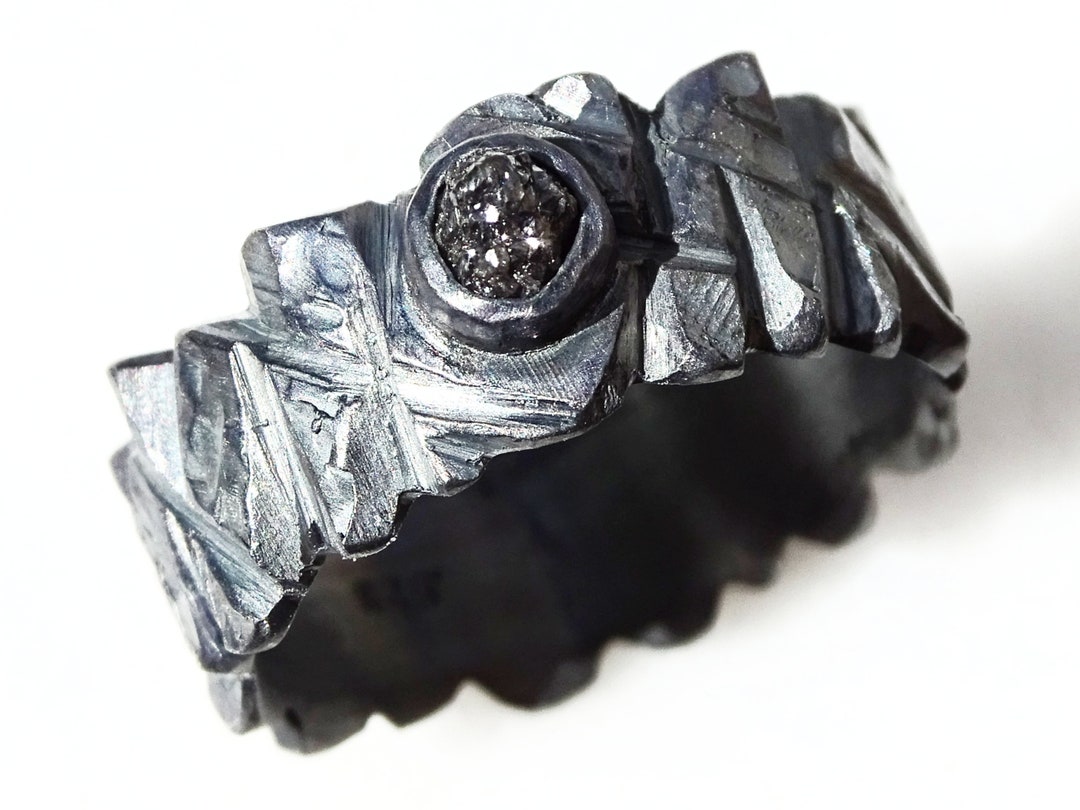 Hand Carved Sterling Silver Ring: Raw Black Diamond Mens Wedding Band ...