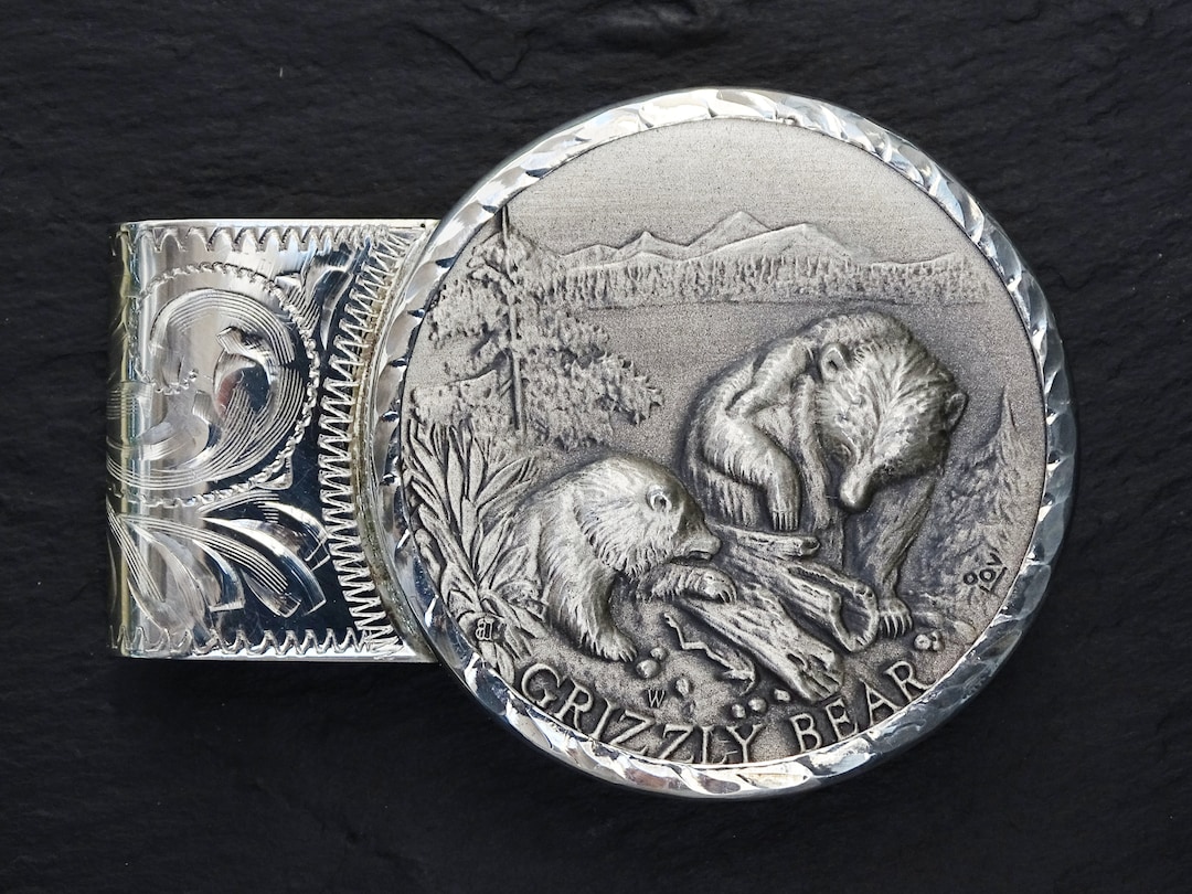 Large Sterling Silver Money Clip, Silver Bear Coin, Hand Engraved Money ...