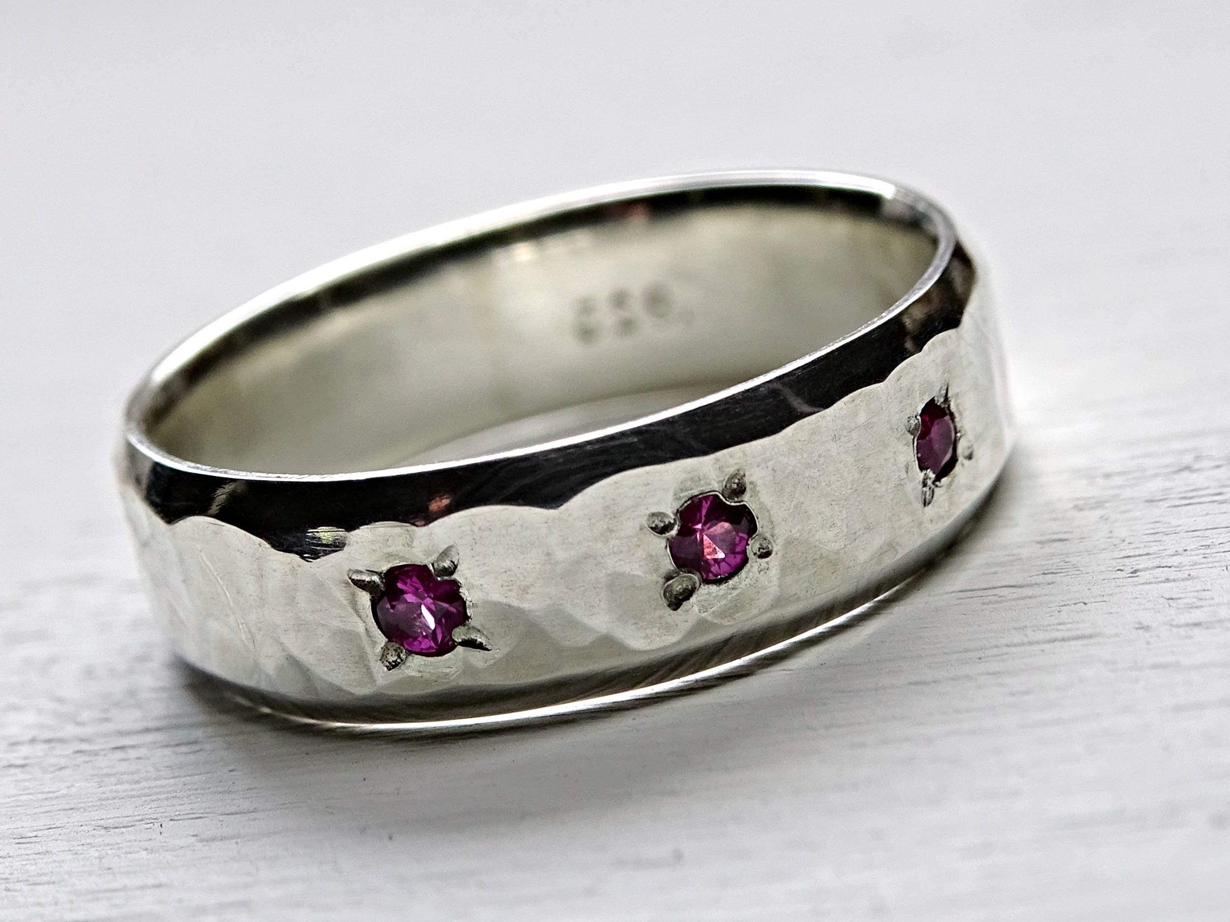 Gemstone wedding band ruby unisex wedding ring hammered mens | Etsy