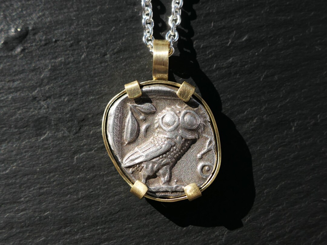 Real Ancient Owl of Athens Coin Set in 18k Gold Pendant, Ancient Owl of ...