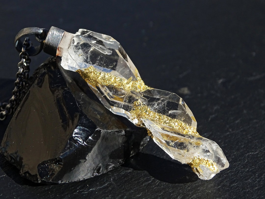 Large Gold Quartz Pendant Black Silver, Viking Quartz Crystal Necklace ...