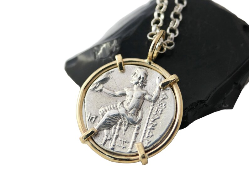 14k Gold Ancient Greek Silver Coin Pendant, Alexander the Great Zeus ...