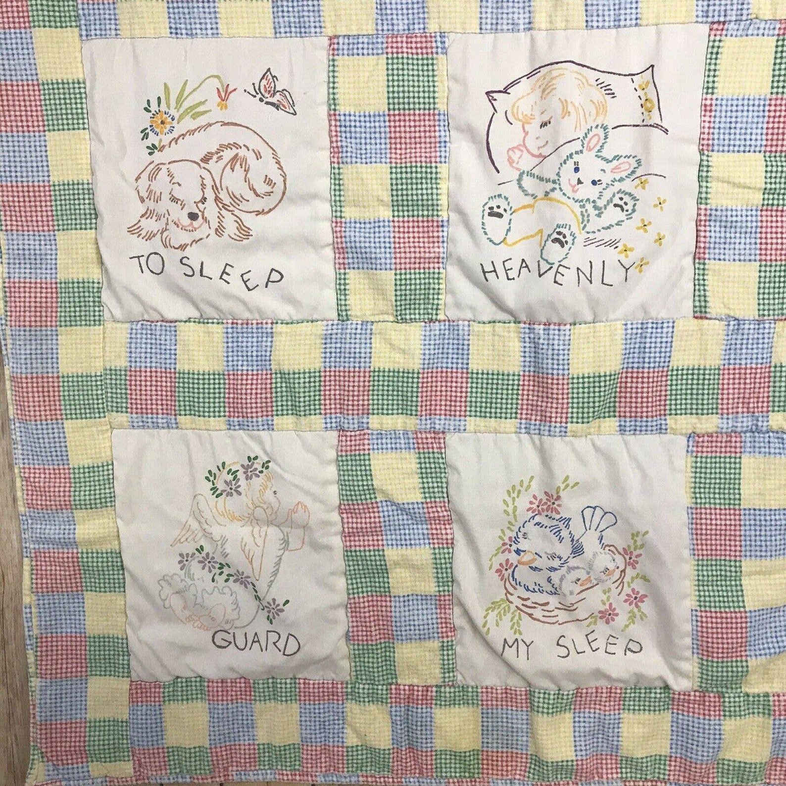 Vintage Handmade Baby Quilt Now I Lay Me Down to Sleep 34 X 37 Primary ...