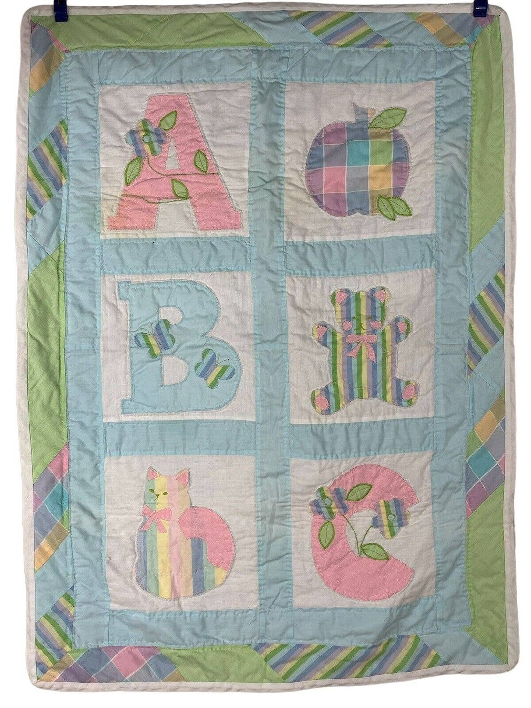 Vintage Homemade ABC Baby Quilt Nursery Apple Bear Cat Pink Blue Green ...