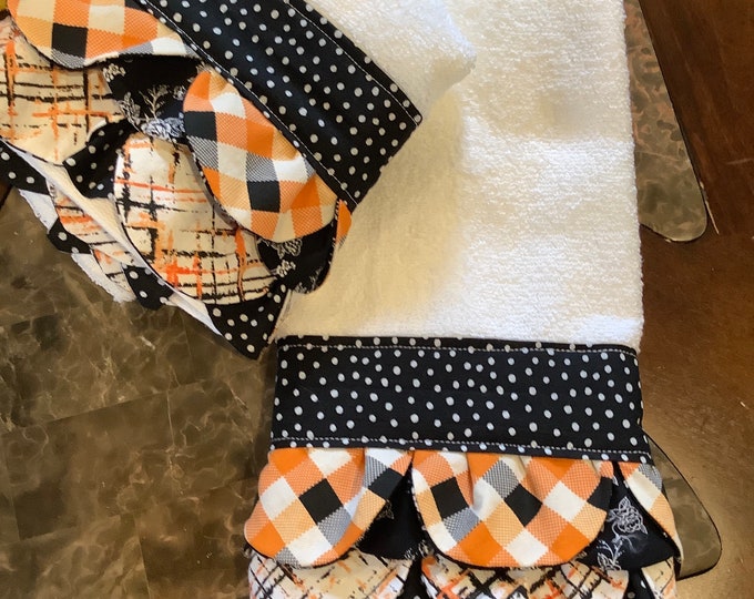 Fall Halloween Inspired Ruffled Tea Towel, White Ruffled Tea Towel ...