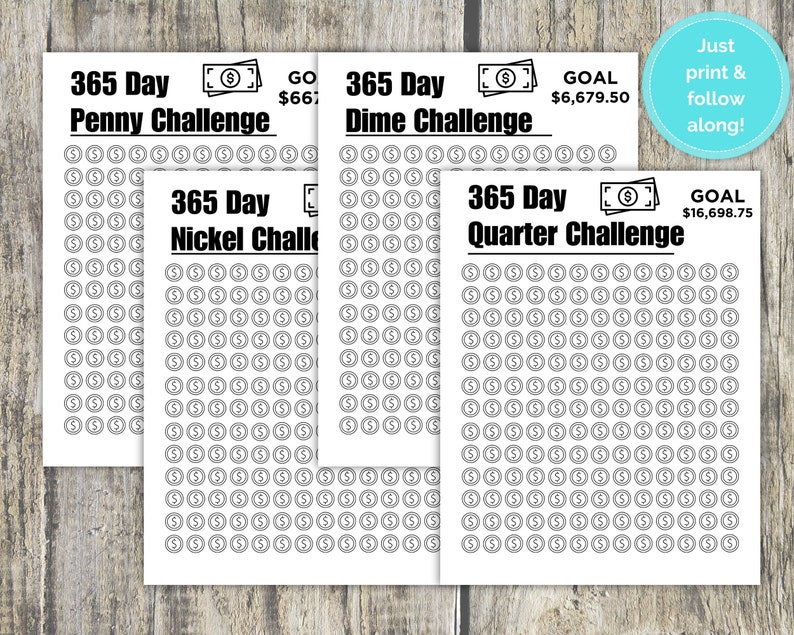 365 Day Savings Challenge, Quarter, Dime, Nickel, Penny (digital ...