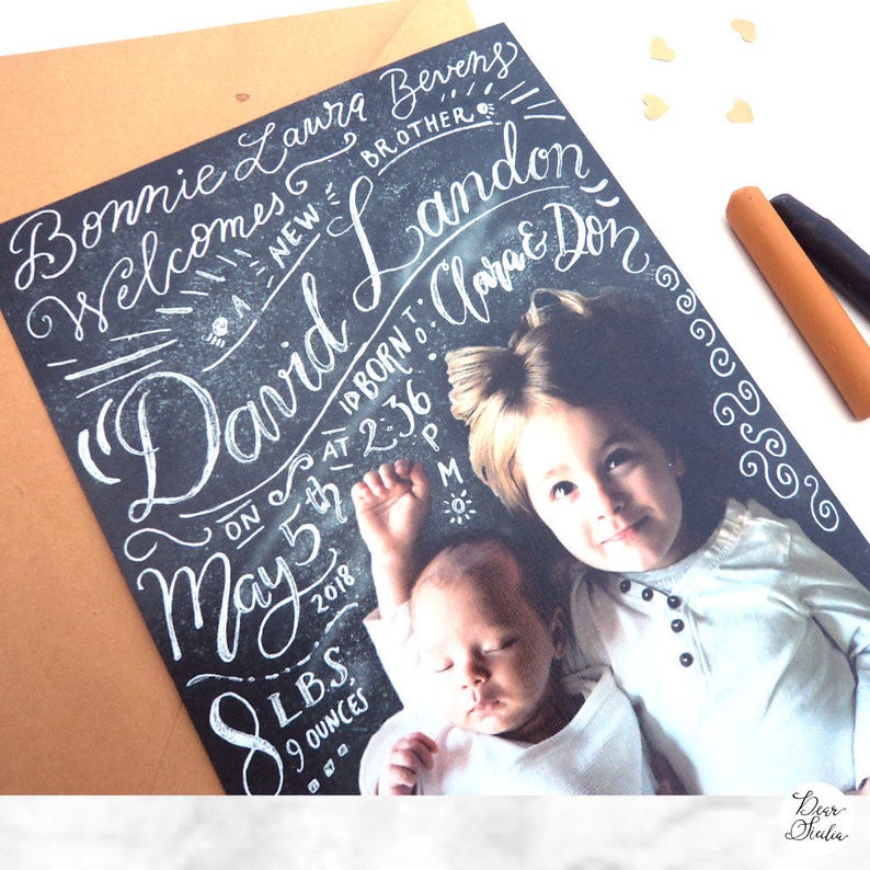 Hand Lettering Photo Baby Birth Announcement Printable | Etsy