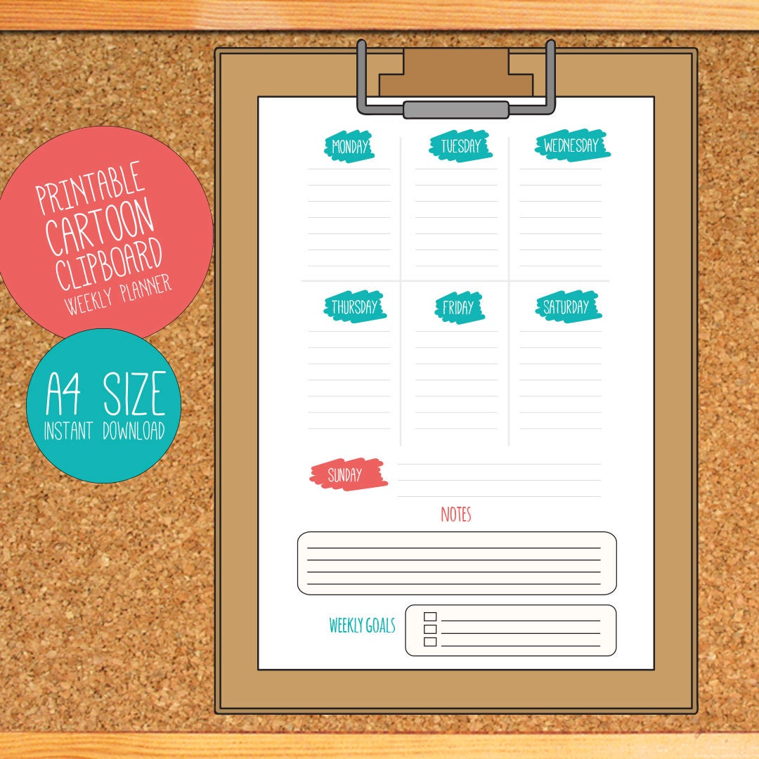 Weekly Planner Cartoon Clipboard A4 DIGITAL PRINT | Etsy