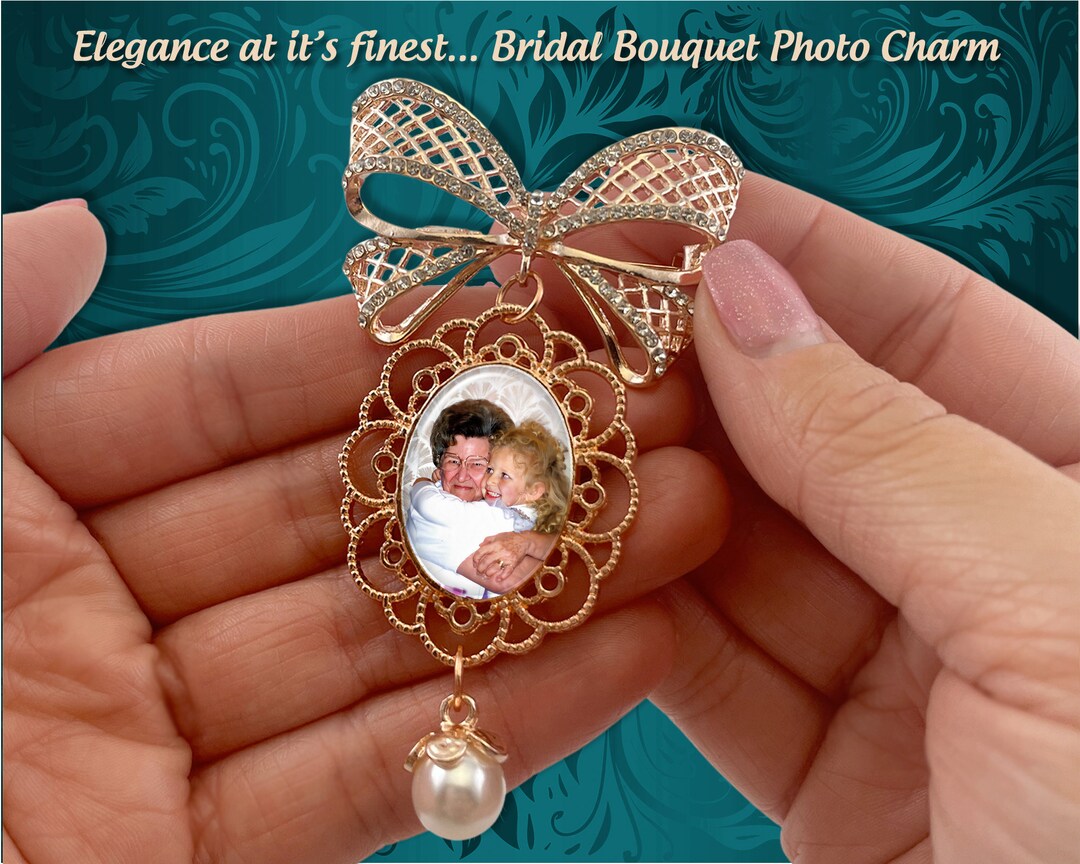 Photo Bouquet Keepsake, Bow Brooch With Lacy Charm and Pearl Accent ...