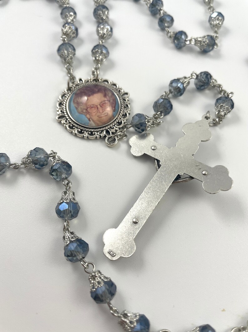 Custom Photo Rosary With Light Blue Crystal Beads - Catholic Memorial ...