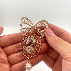 Photo Bouquet Keepsake, Bow Brooch With Lacy Charm and Pearl Accent ...
