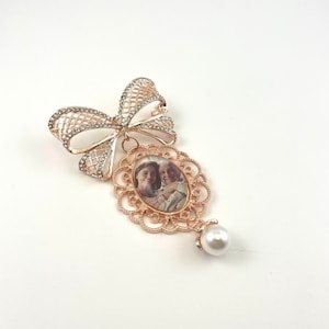 Photo Bouquet Keepsake, Bow Brooch With Lacy Charm and Pearl Accent ...