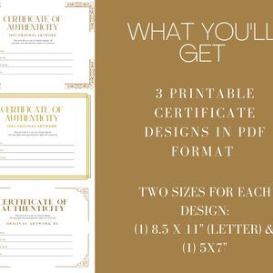 3 Piece Bundle: Certificate of Authenticity for Art Printable Gold ...