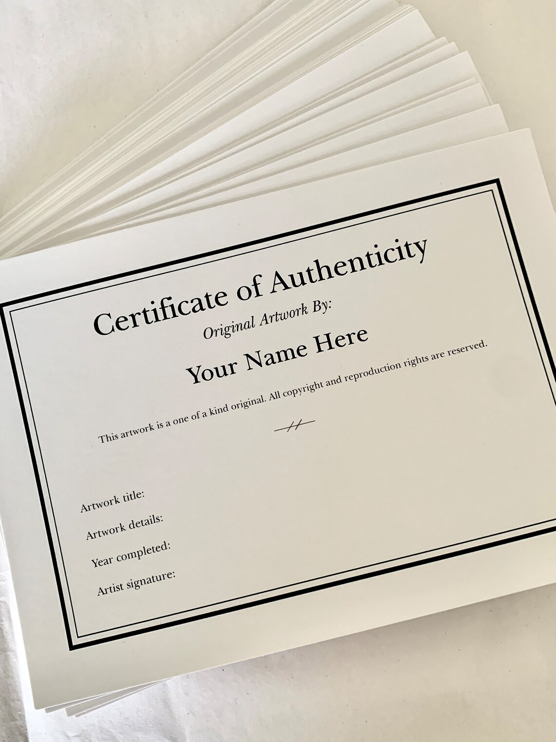 Personalized, Fillable Certificate of Authenticity Cards for Original ...