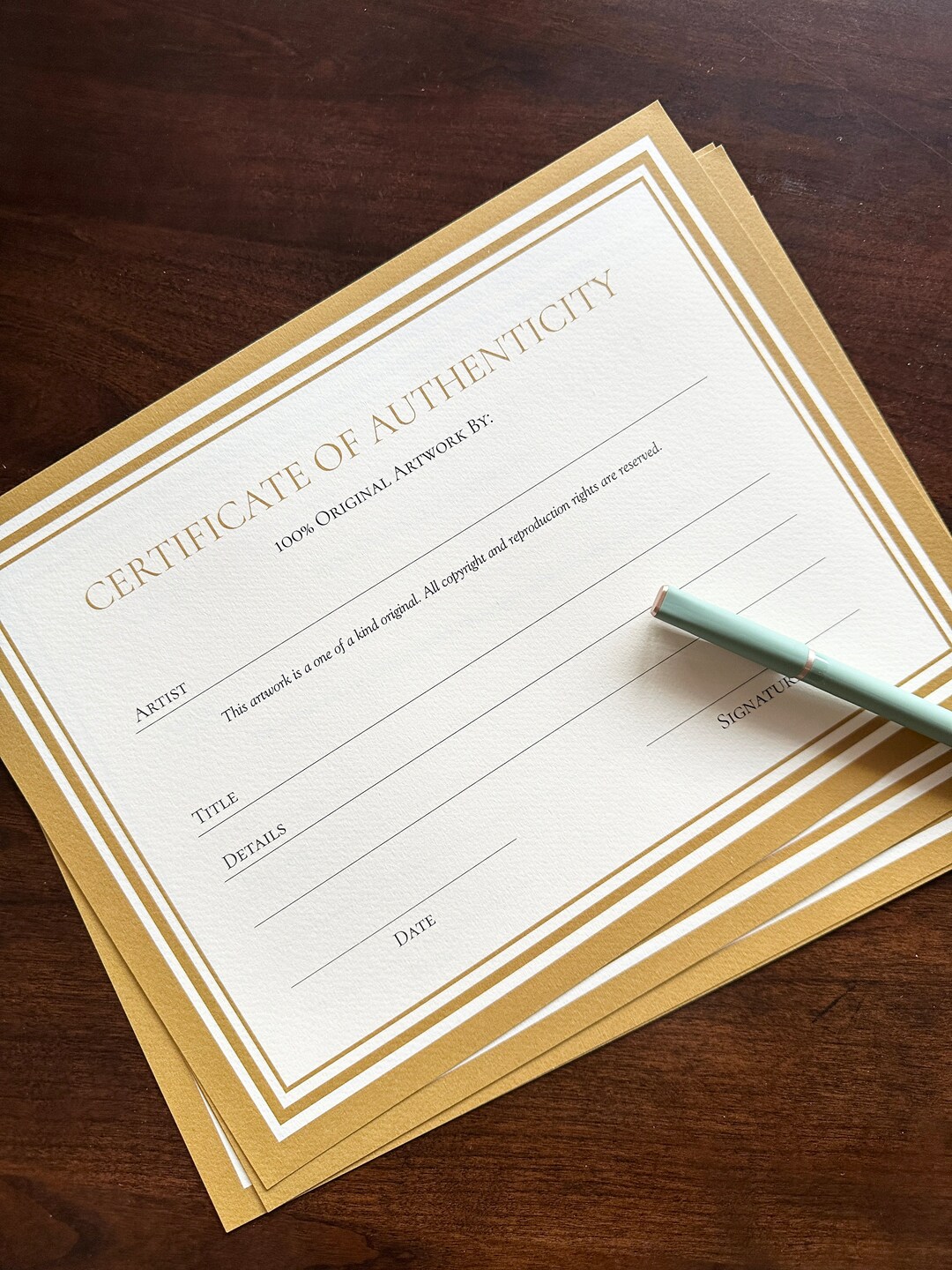 Full Size Certificate of Authenticity for Art, U.S. Letter Size Paper ...