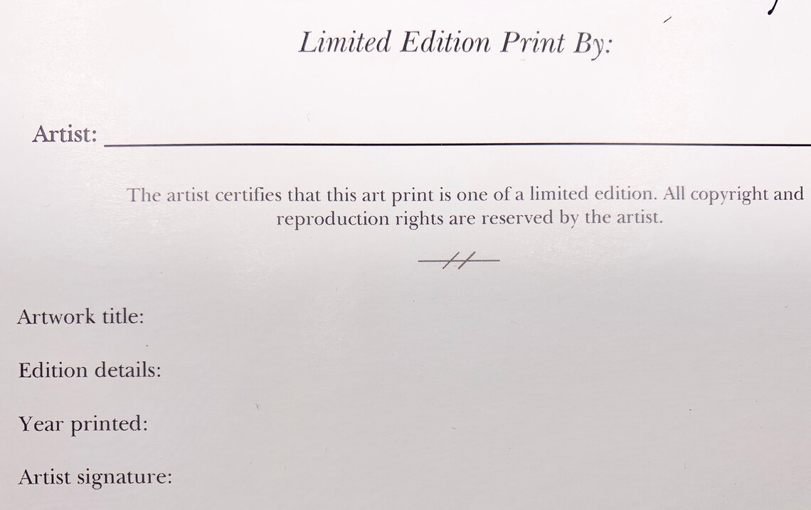 Limited Edition Art Print Certificate of Authenticity Cards - Etsy