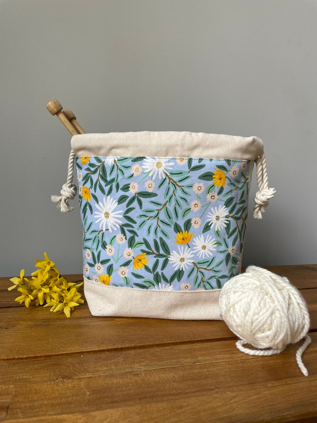 Blue Daisy Project Bag, Knitting Bag, Crochet Bag, Rifle Paper Co Bag, Gift for Crafters, Gift ...