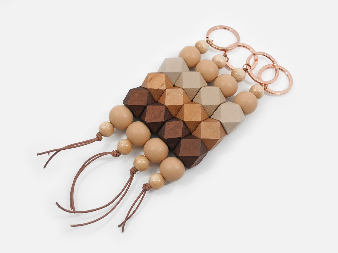 Beaded Lanyard Wood Bead Key Fob Brown Geometric Keychain - Etsy