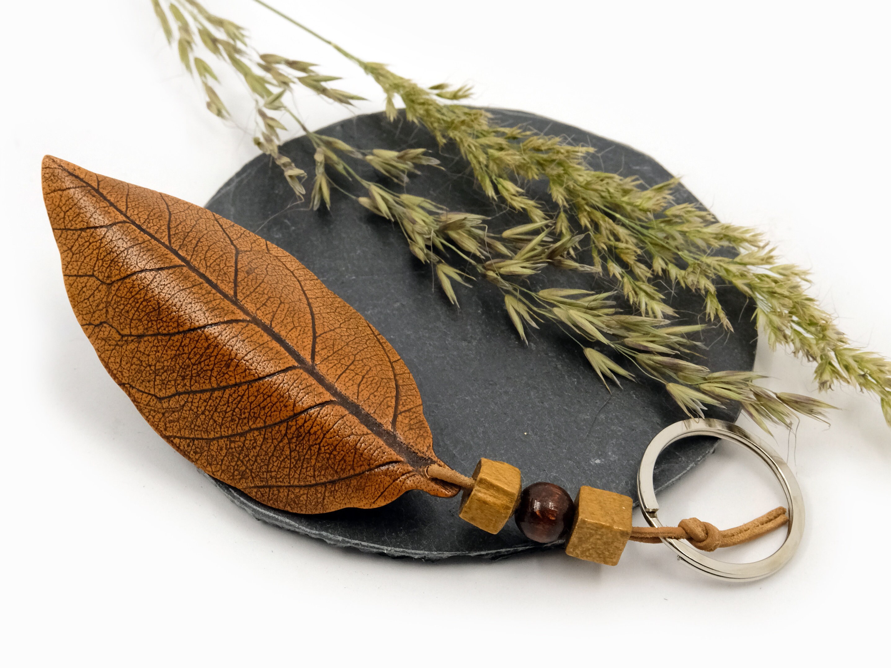 Brown Leather Leaf Key Fob One-of-a-kind Botanical Bag Charm Leather ...