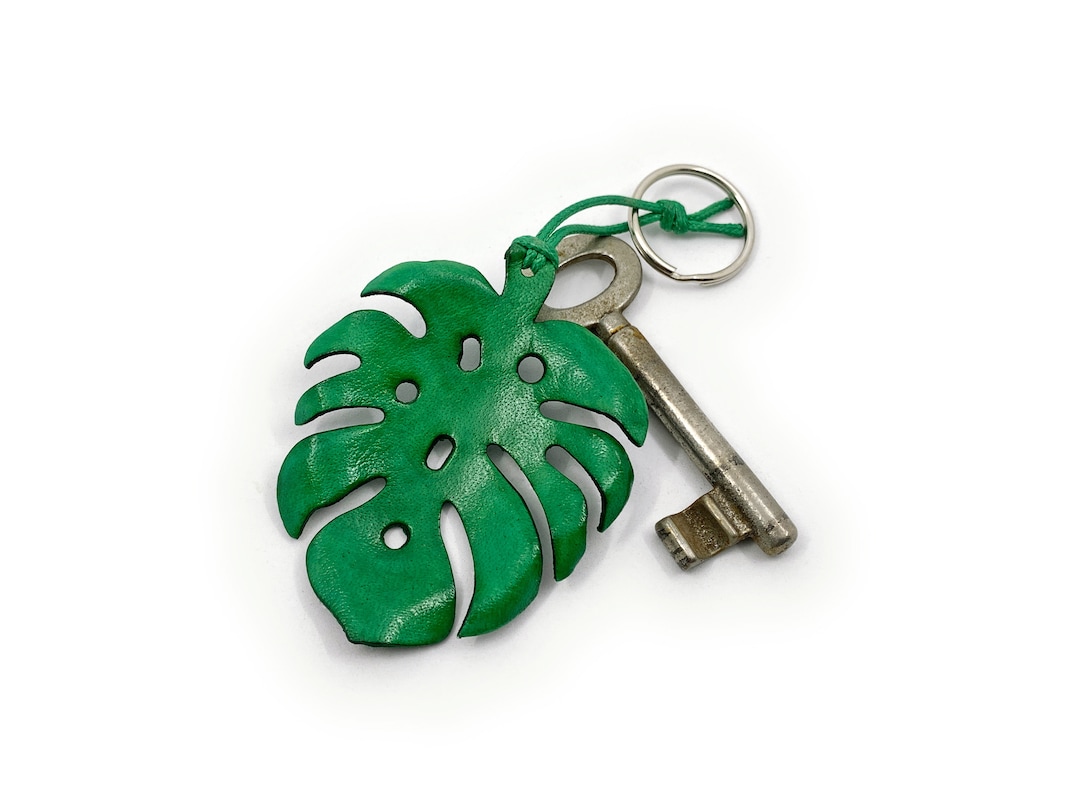 Monstera Leaf Key Fob Tropical Leaves Green Leather Keychain Emerald ...