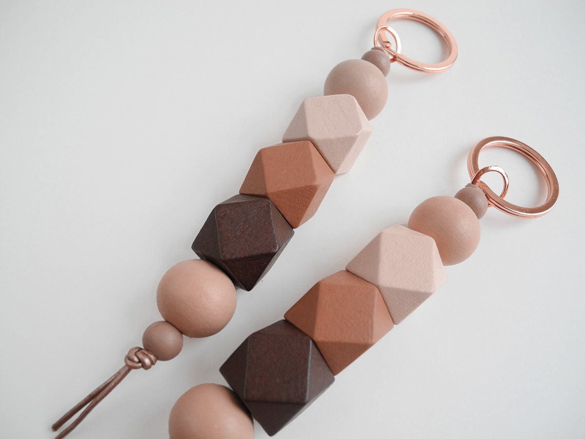 Beaded Lanyard Wood Bead Key Fob Brown Geometric Keychain | Etsy