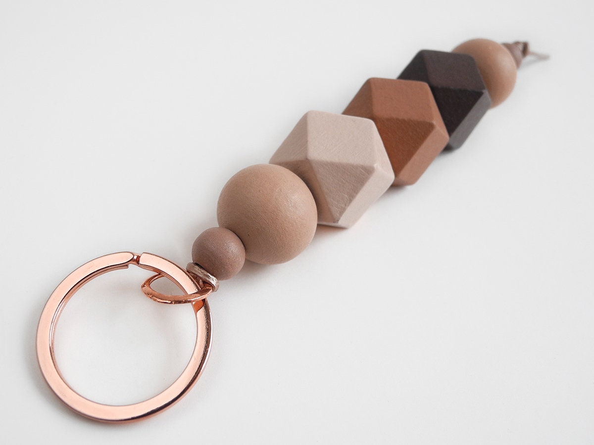 Beaded Lanyard Wood Bead Key Fob Brown Geometric Keychain - Etsy