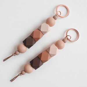 Beaded Lanyard Wood Bead Key Fob Brown Geometric Keychain | Etsy