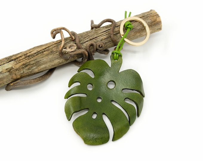 Monstera Leaf Key Fob Tropical Leaves Leather Keychain Green Keyring ...