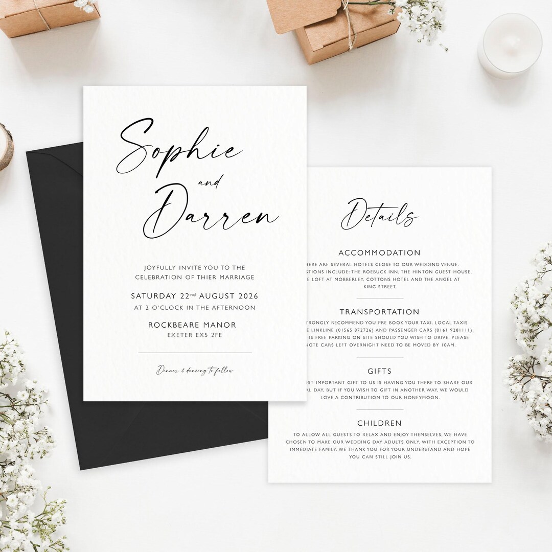 Custom Luxury Wedding Invitation & Details Card | Elegant Minimalist ...
