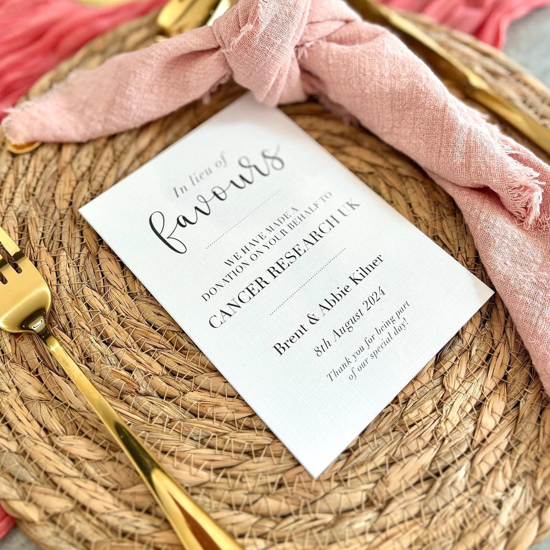 Charity in Lieu Favour Cards Personalised Wedding Donation Cards Party ...