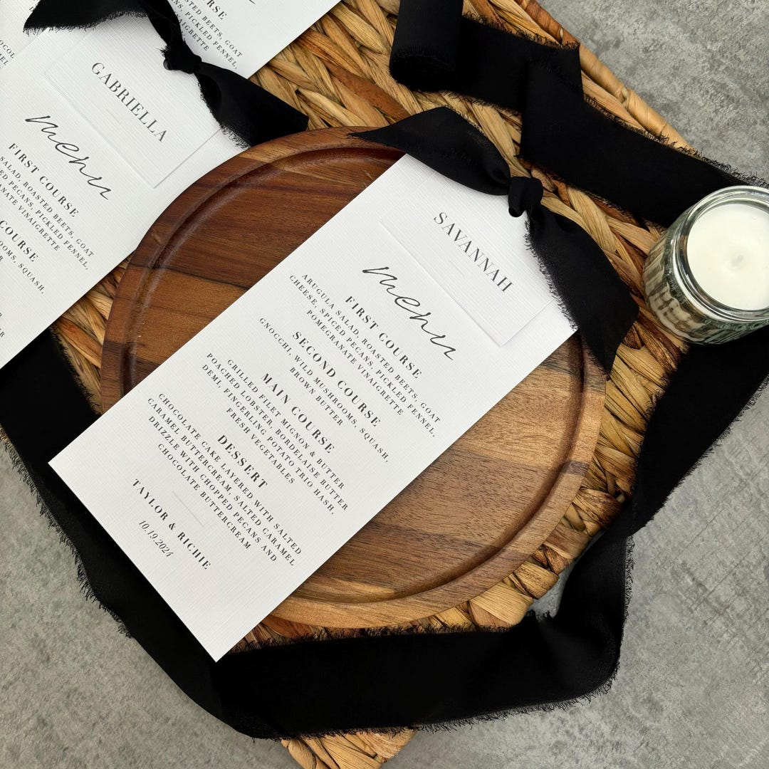 Wedding Menu & Place Card With Ribbon, Simple Stationery, Wedding Menu ...