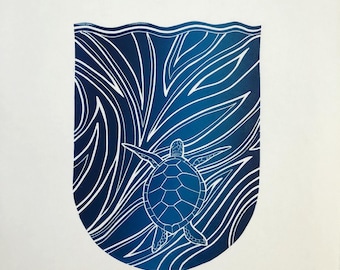 The Sea Turtle - Linoleum Block Print Handmade Hand Carved Original ...