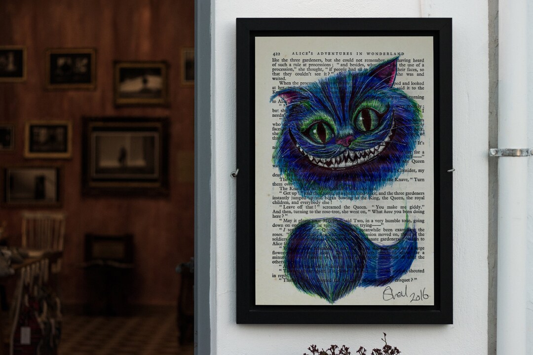 A4 Cheshire Cat Book Page Biro Art Print, With White Mount, Ready to ...