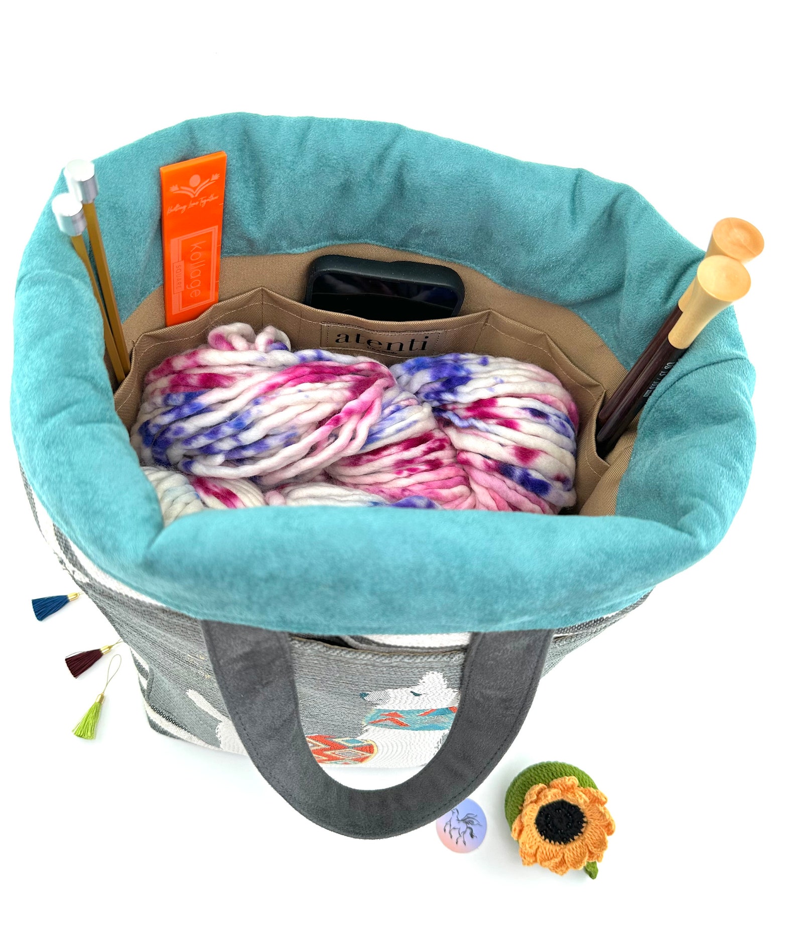 Atenti Hope Basket Mamallama Gray Yarn Basket W/ 2 Outer Pockets Large ...
