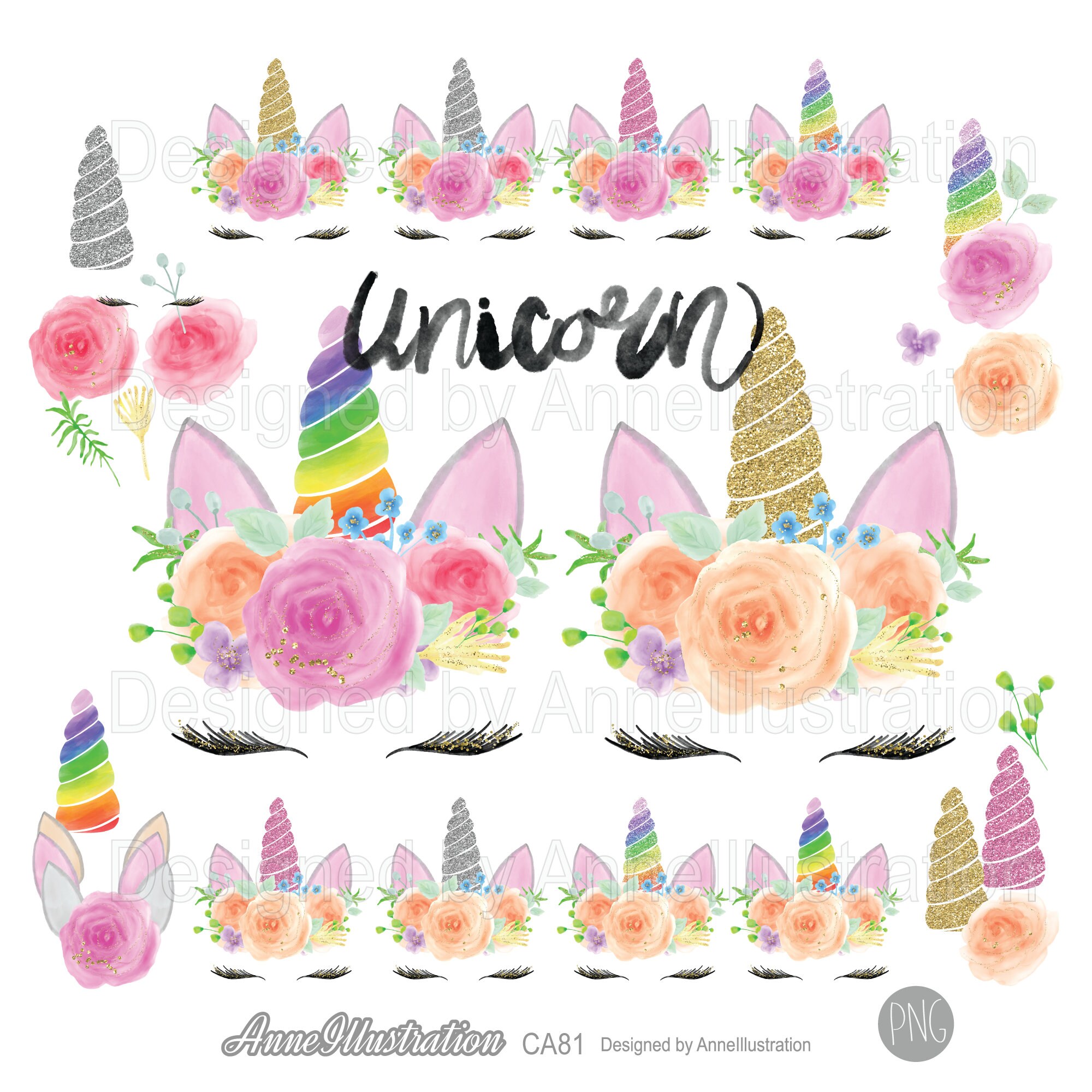 Watercolor Unicorn Face Clipartsparkling Unicorn Hornglitter - Etsy