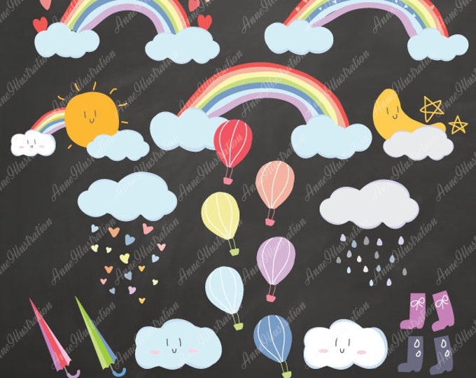 Rainbow Clipart Clip Art, Rain Cloud Raindrops Sun Sky Stars Hearts ...