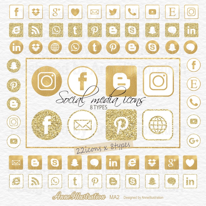 Gold Glitter Social Media Icons Clipart,gold Foil,round Icons,website ...