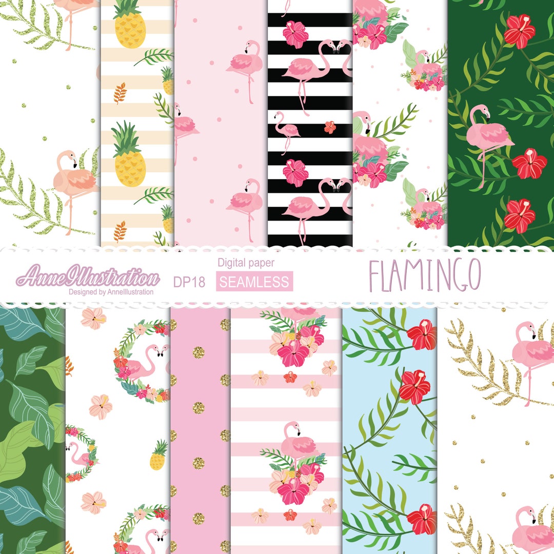 Flamingo Digital Paper(seamless),tropical,gold Glitter,hibiscus ...